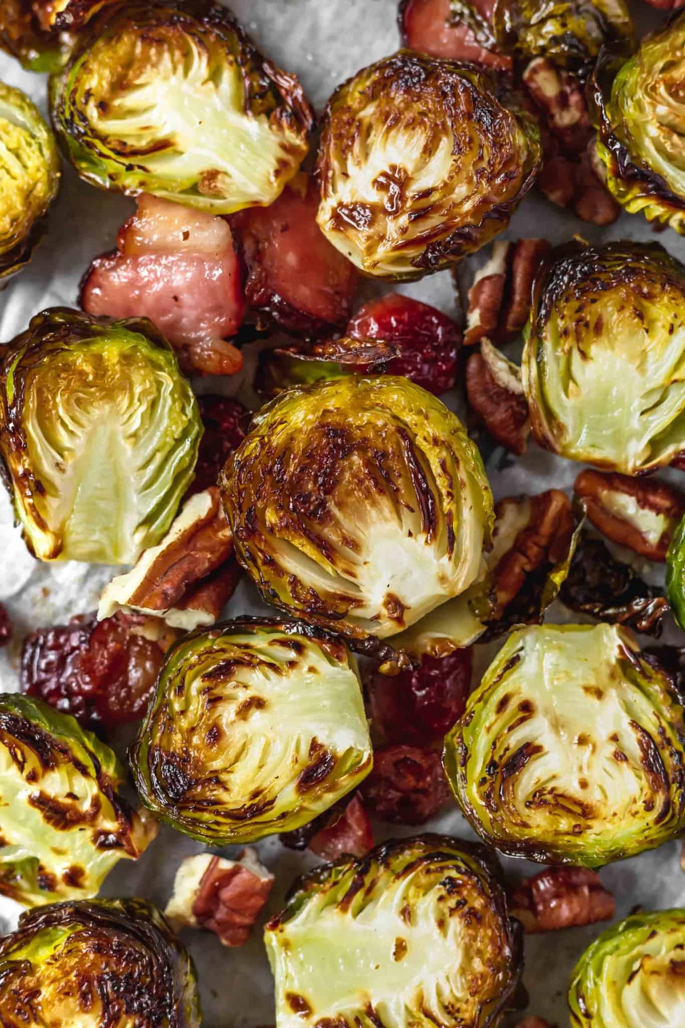 Roasted Brussels Sprouts with Bacon, Cranberries, and Pecans - Little ...