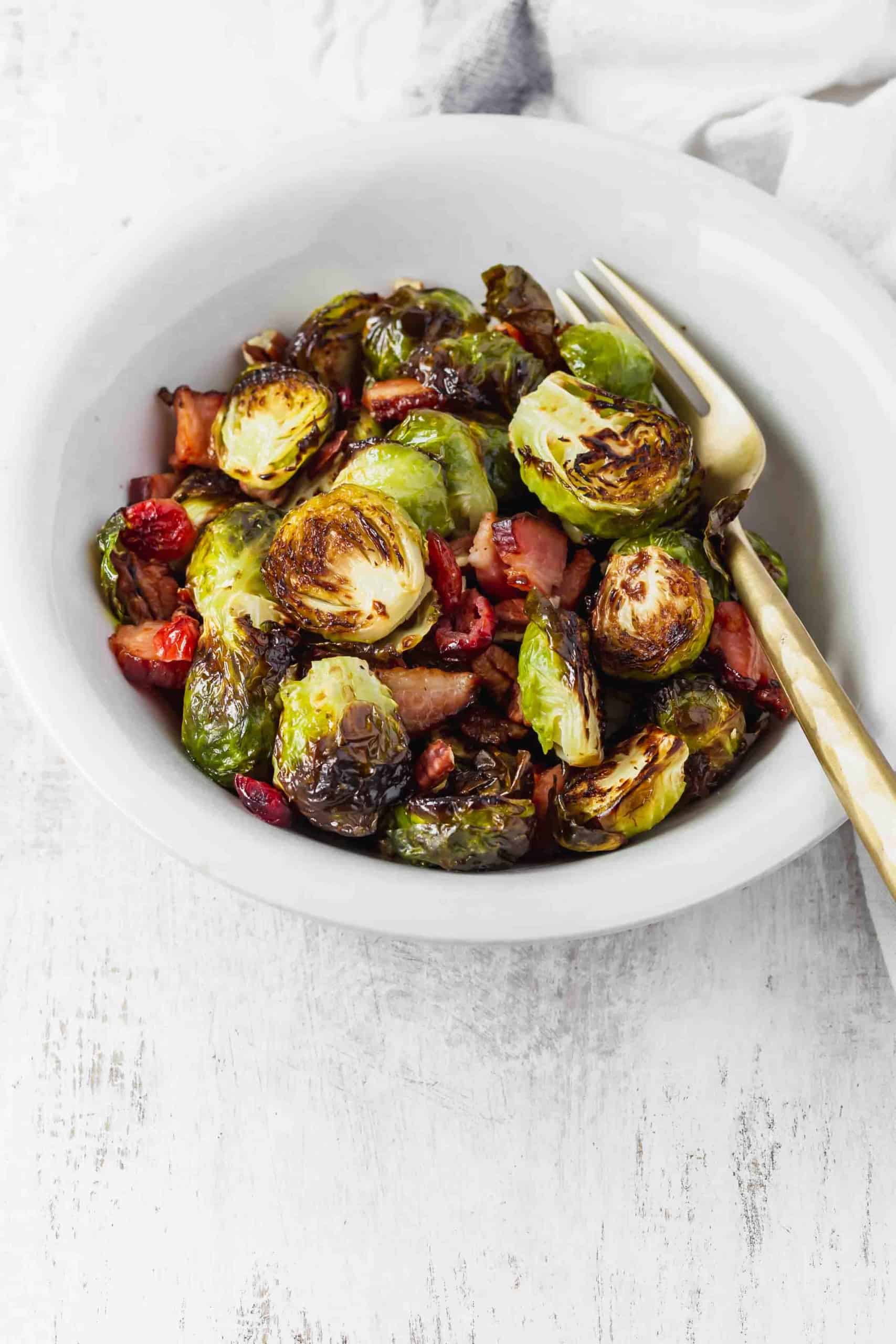 Roasted Brussels Sprouts with Bacon, Cranberries, and Pecans - Little ...